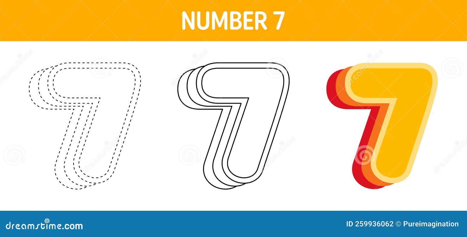 Number 7 Orange, Tracing and Coloring Worksheet for Kids Stock Vector ...