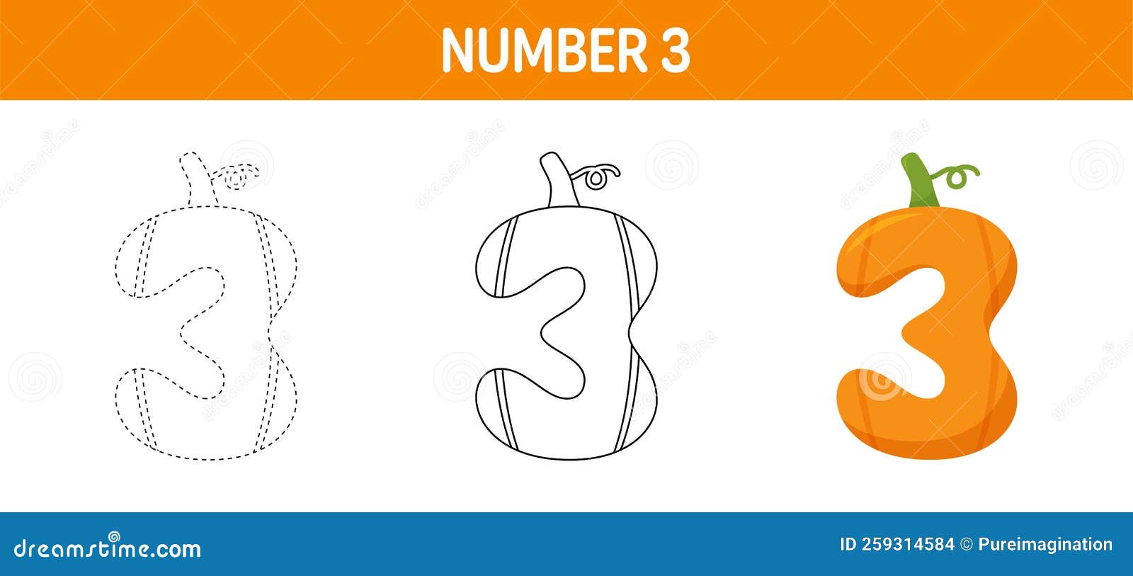 Number 3 Pumpkin Tracing and Coloring Worksheet for Kids Stock Vector ...