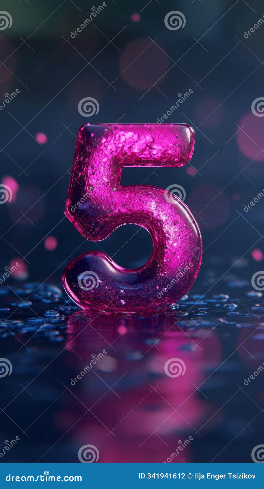 Number 5, Purple Inflatable Balloon on Wet Surface, Bokeh Effect, Three ...