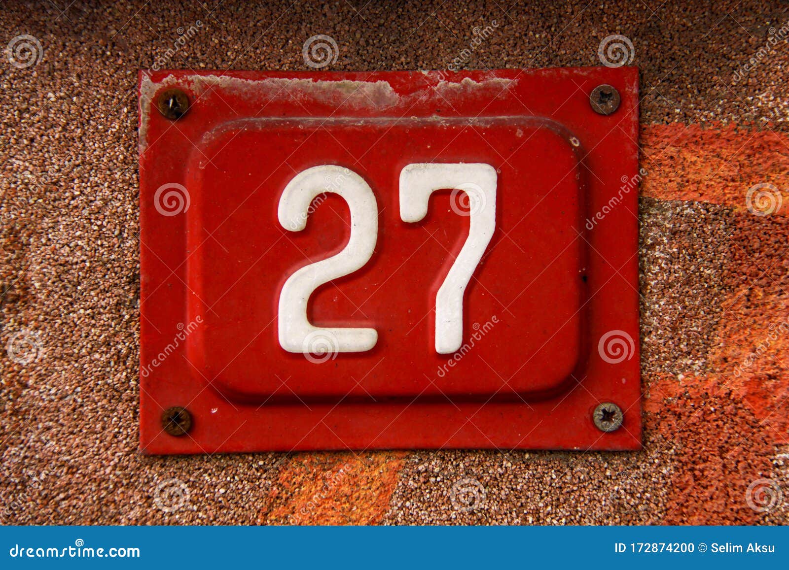 Number 27 on red signboard stock photo. Image of door - 172874200