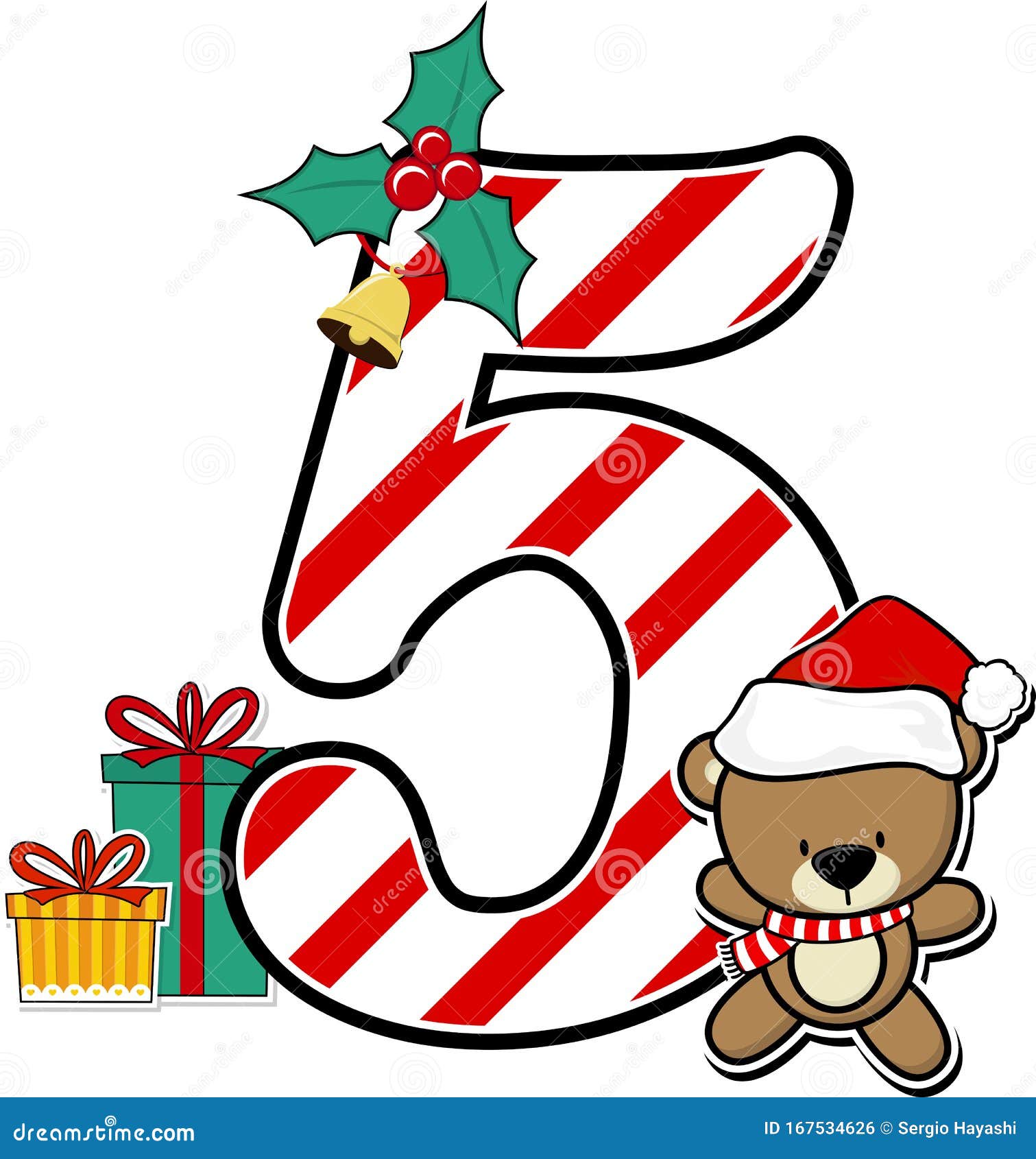 Number 5 with Cute Teddy Bear and Christmas Design Elements Stock ...