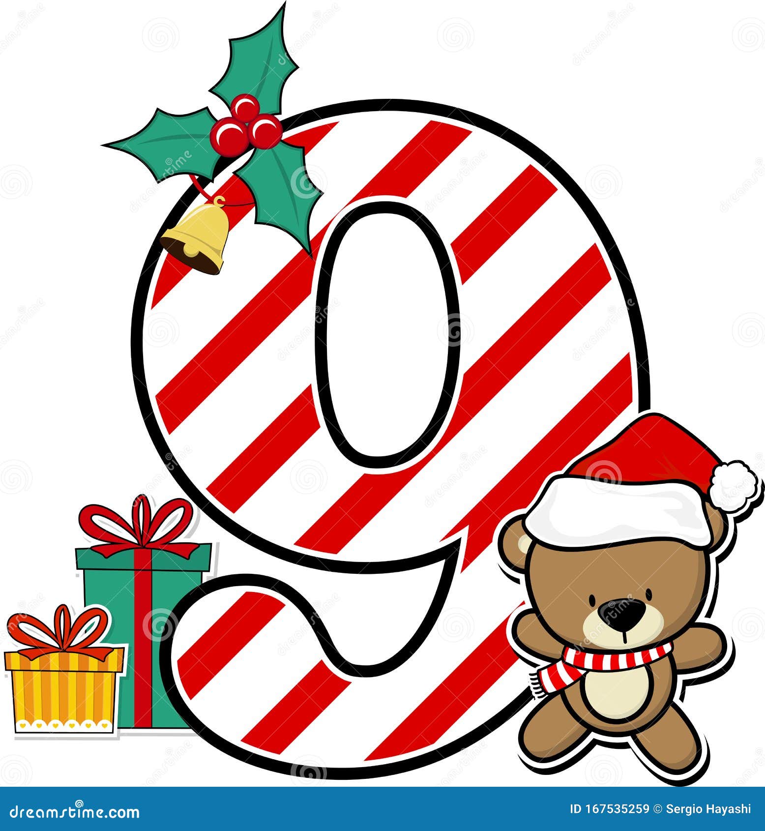 Number 9 with Cute Teddy Bear and Christmas Design Elements Stock ...
