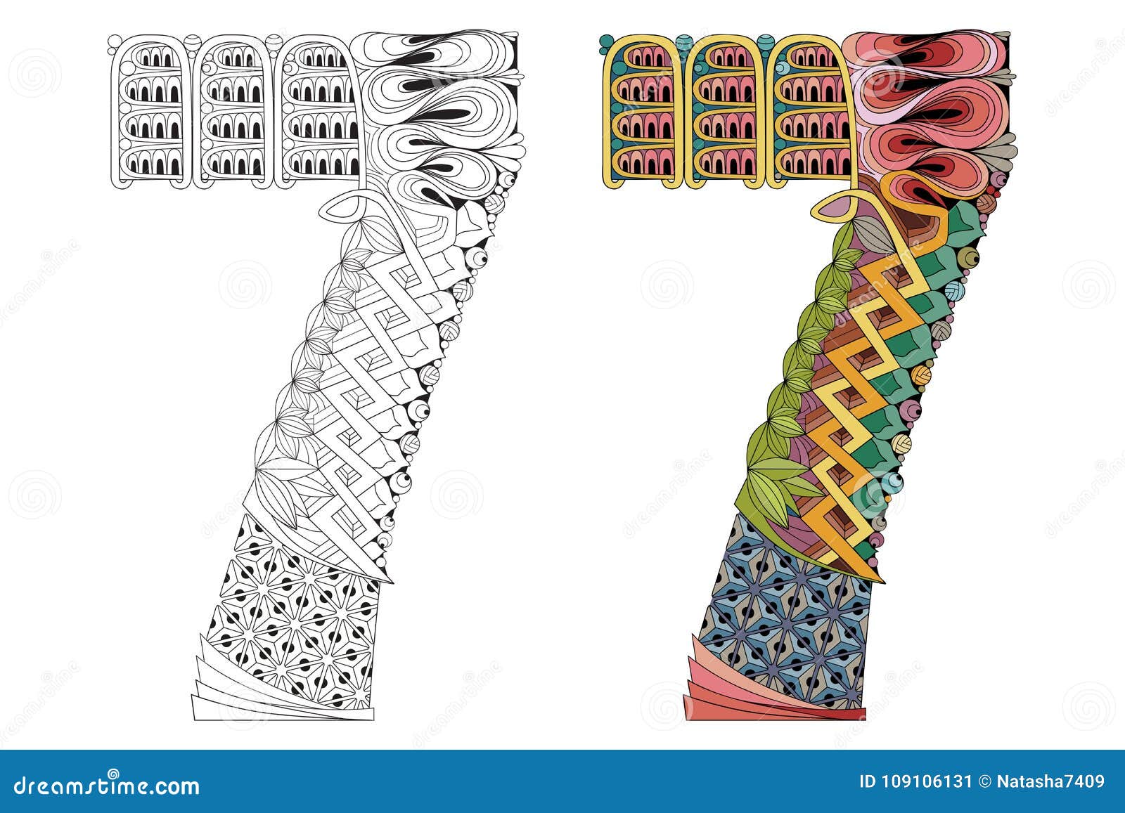 Number Seven Zentangle for Coloring. Vector Decorative Object Stock ...