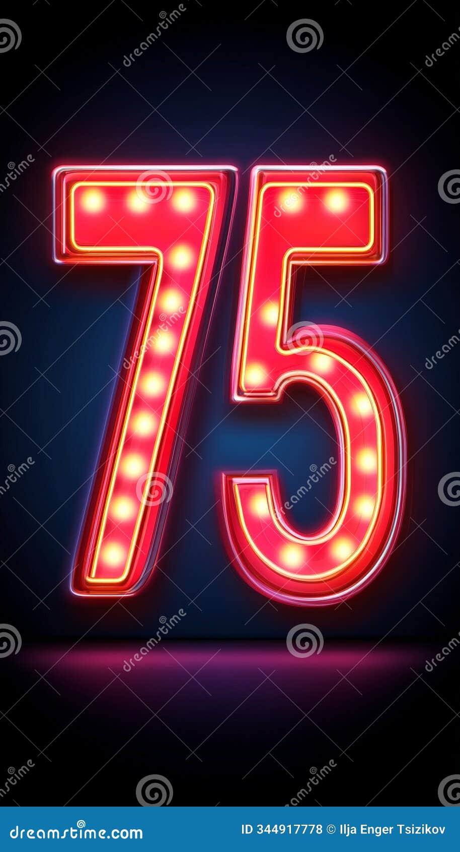 Number 75 Seventy Five Made of Red Neon Light Bulbs with Glowing Wires ...