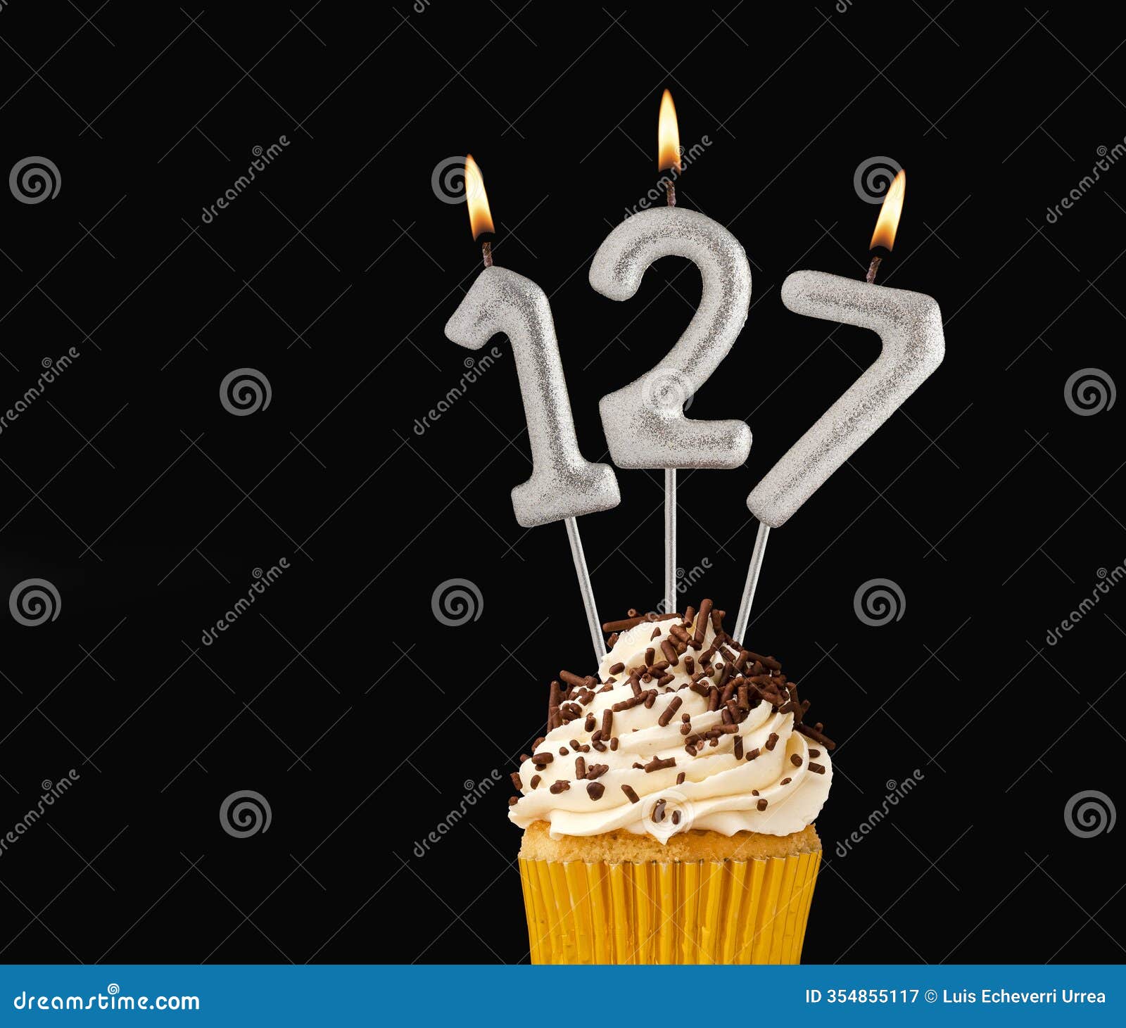 Number 127 Shaped Candles - Birthday Cupcake on Black Background Stock ...