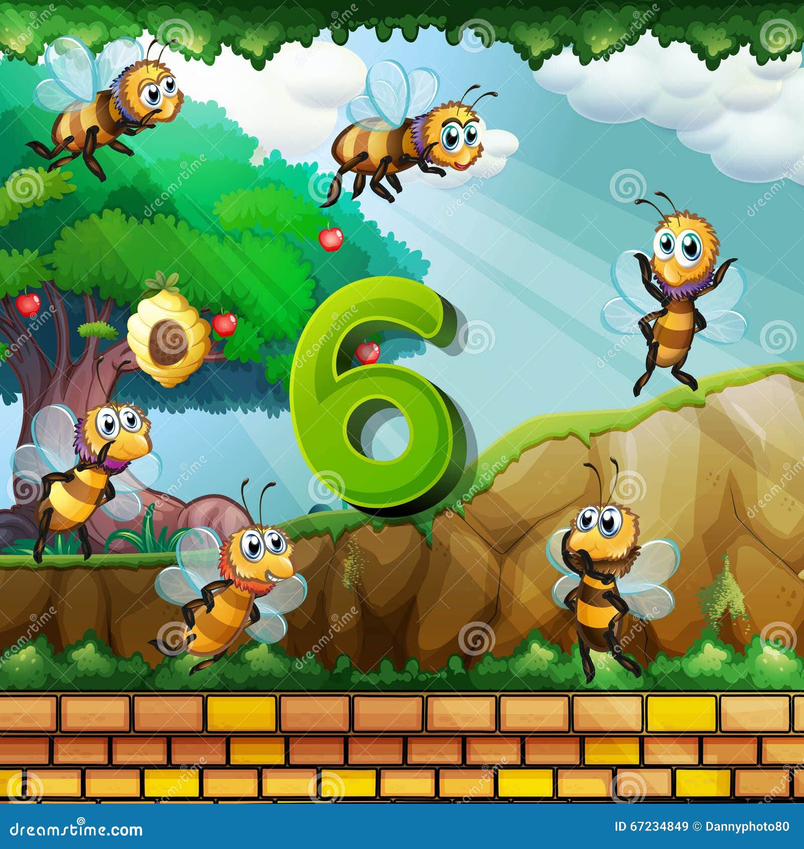 Number Six with 6 Bees Flying in the Garden Stock Illustration ...