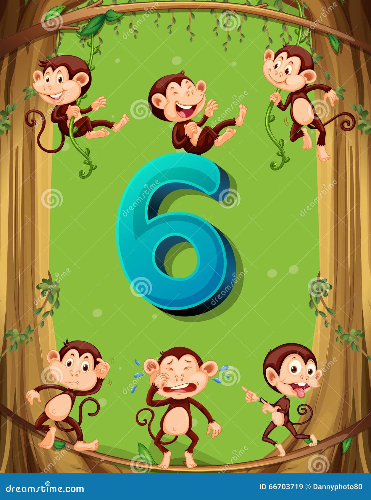 Number Six with 6 Monkeys on the Tree Stock Vector - Illustration of ...