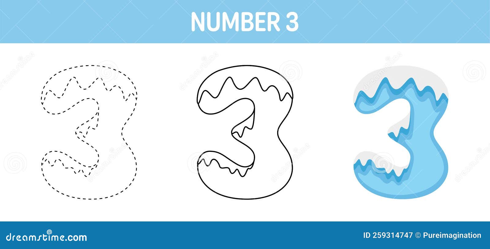 Number 3 Snow Tracing and Coloring Worksheet for Kids Stock Vector ...