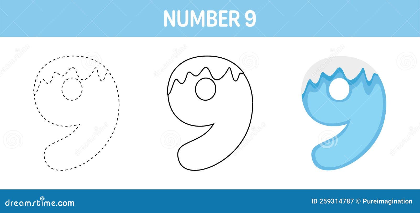 Number 9 Snow Tracing and Coloring Worksheet for Kids Stock Vector ...