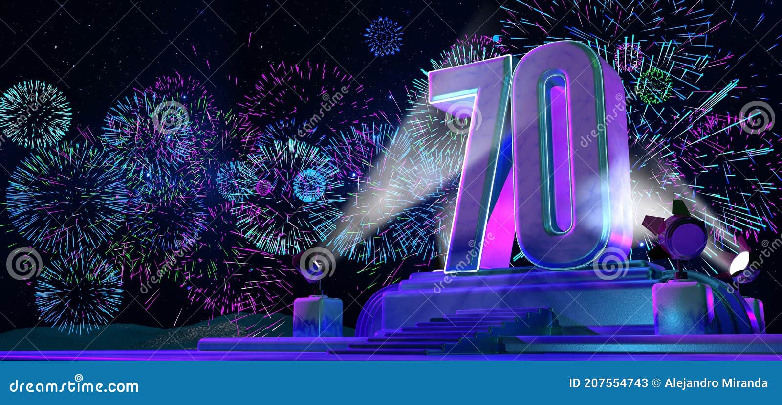 Number 70 in Solid and Thick Form on a Pedestal Illuminated by 4 ...