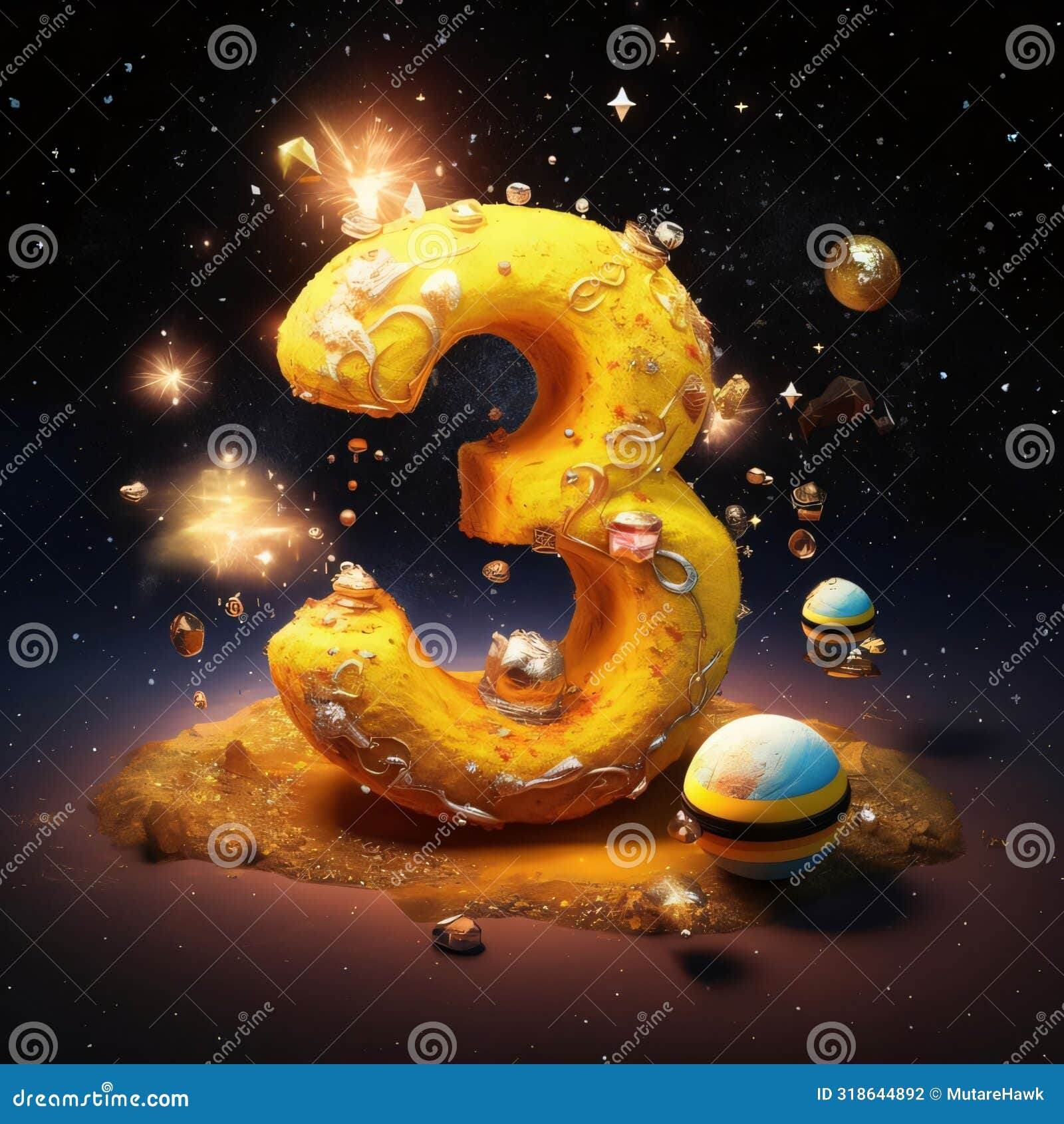 Number 3 in Space with Planets and Stars. 3D Illustration Stock ...
