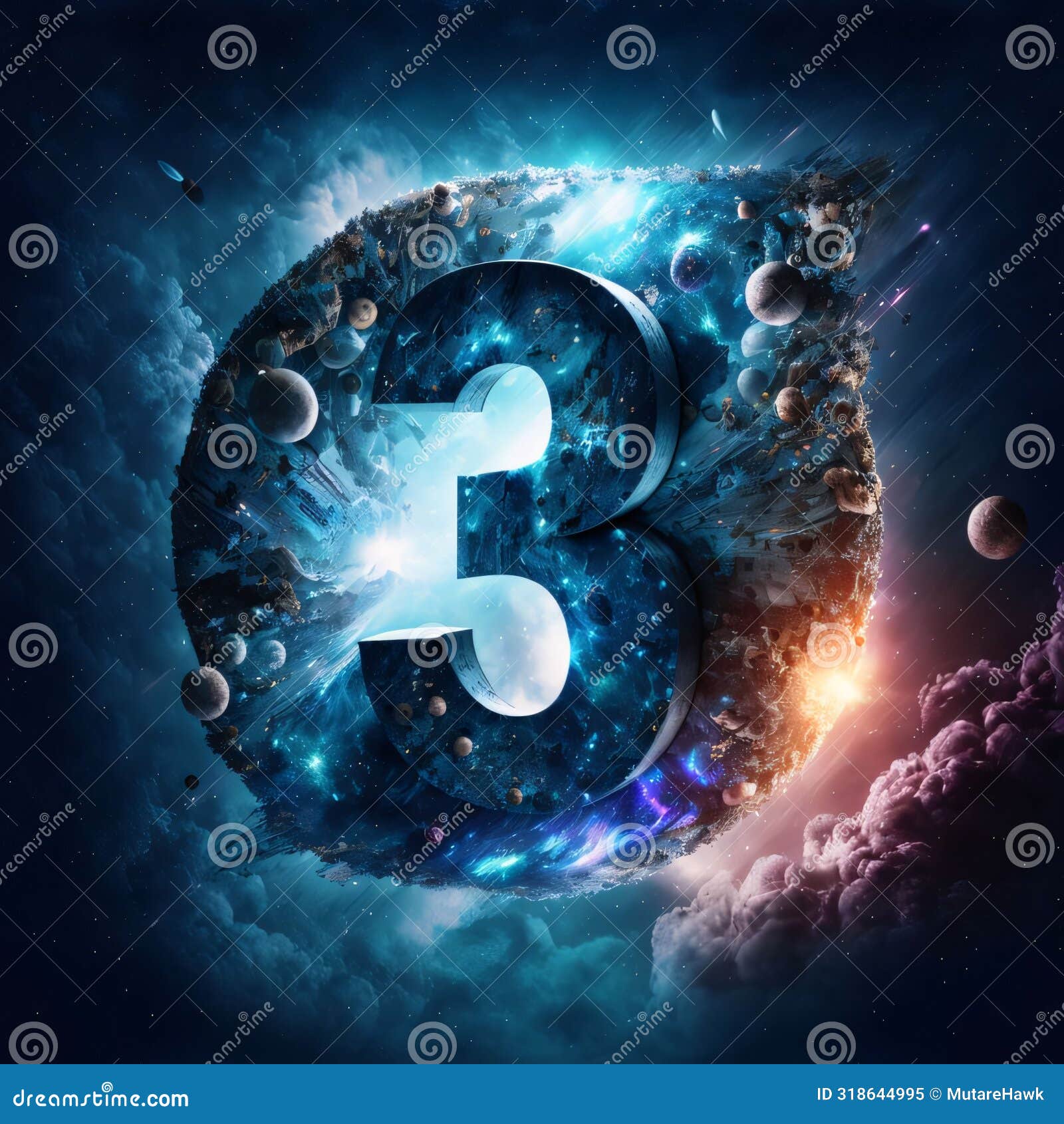 Number 3 in Space with Planets, Stars and Nebula. 3D Rendering Stock ...