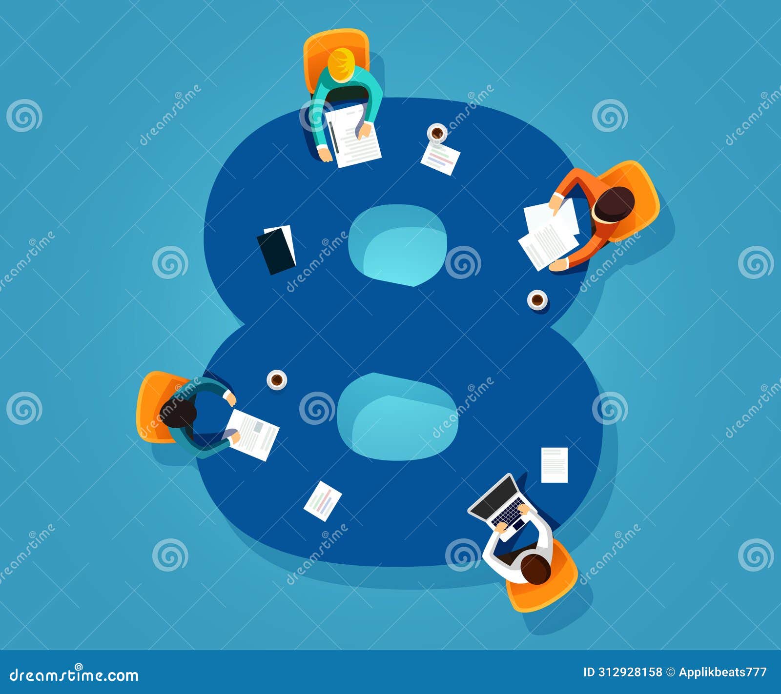 Number 8. Team Works Together at a Table in the Shape of the Number ...