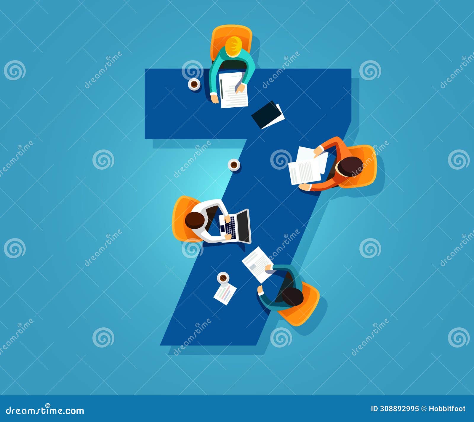 Number 7. Team Works Together at a Table in the Shape of the Number ...