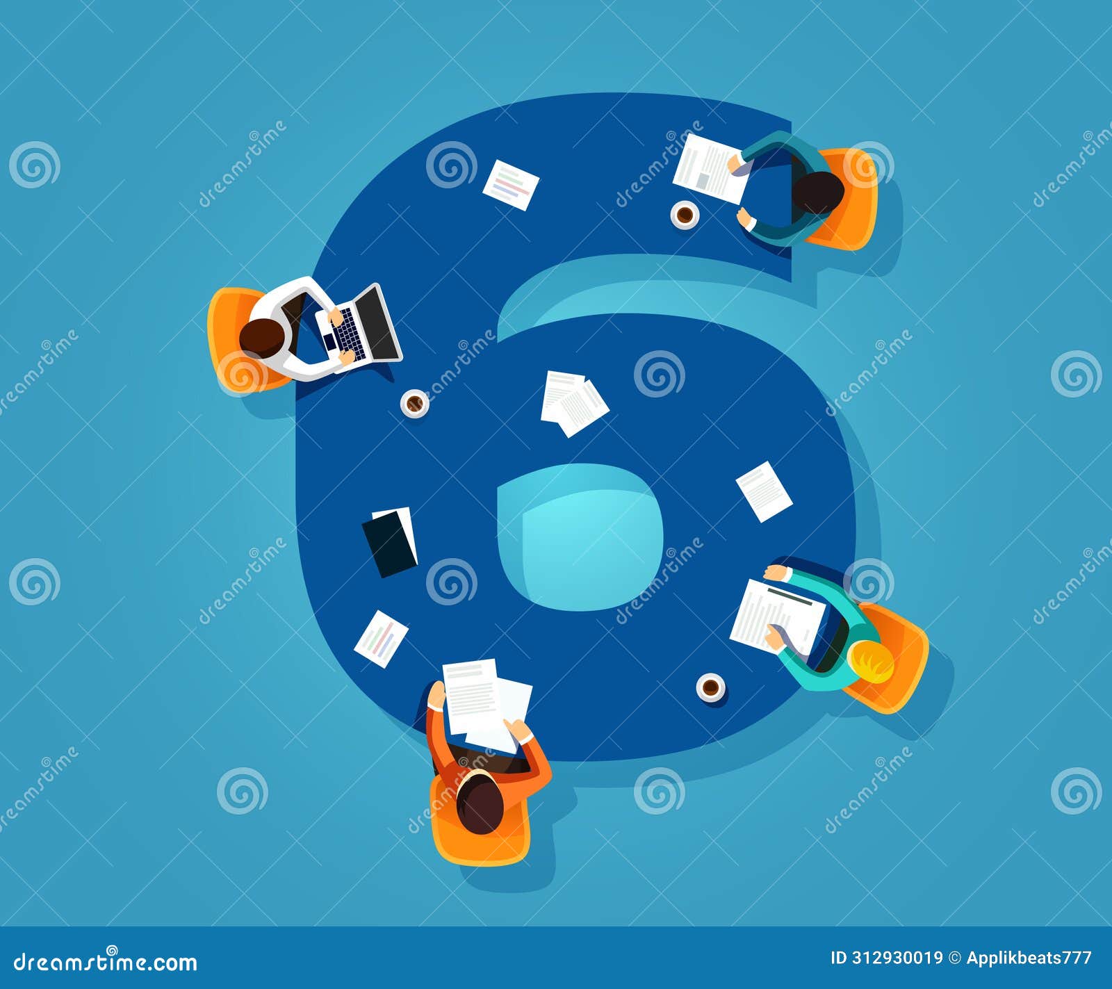 Number 6. Team Works Together at a Table in the Shape of the Number Six ...