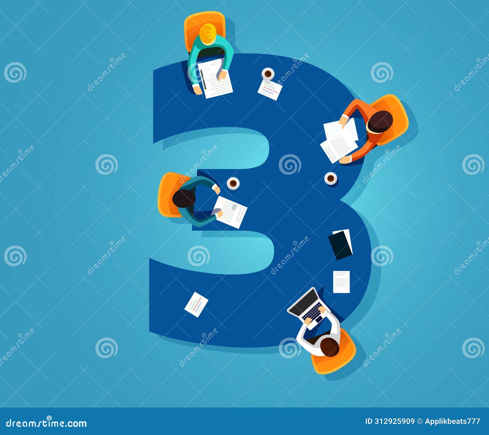 Number 3. Team Works Together at a Table in the Shape of the Number ...