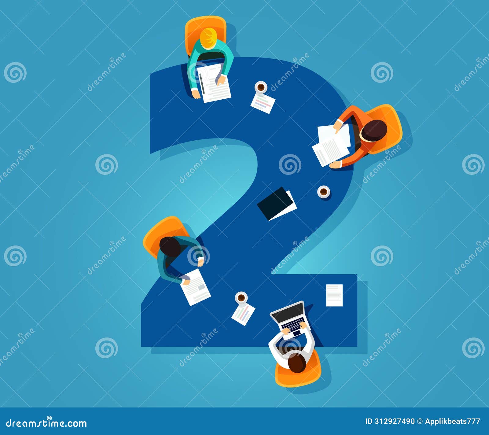 Number 2. Team Works Together at a Table in the Shape of the Number Two ...