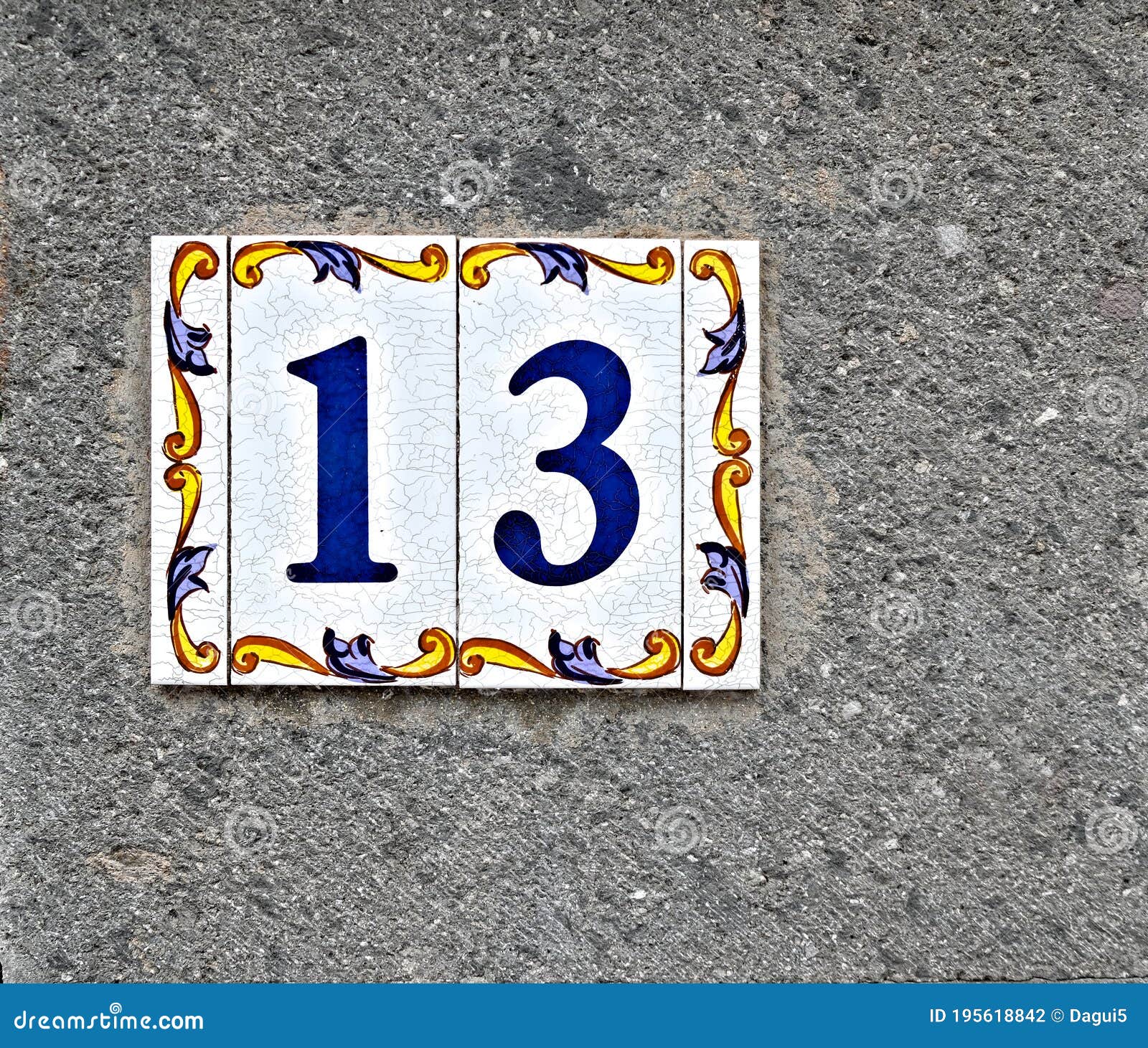 Number 13, Thirteen, a Decorative Tile Blue and Yellow on a Gray ...
