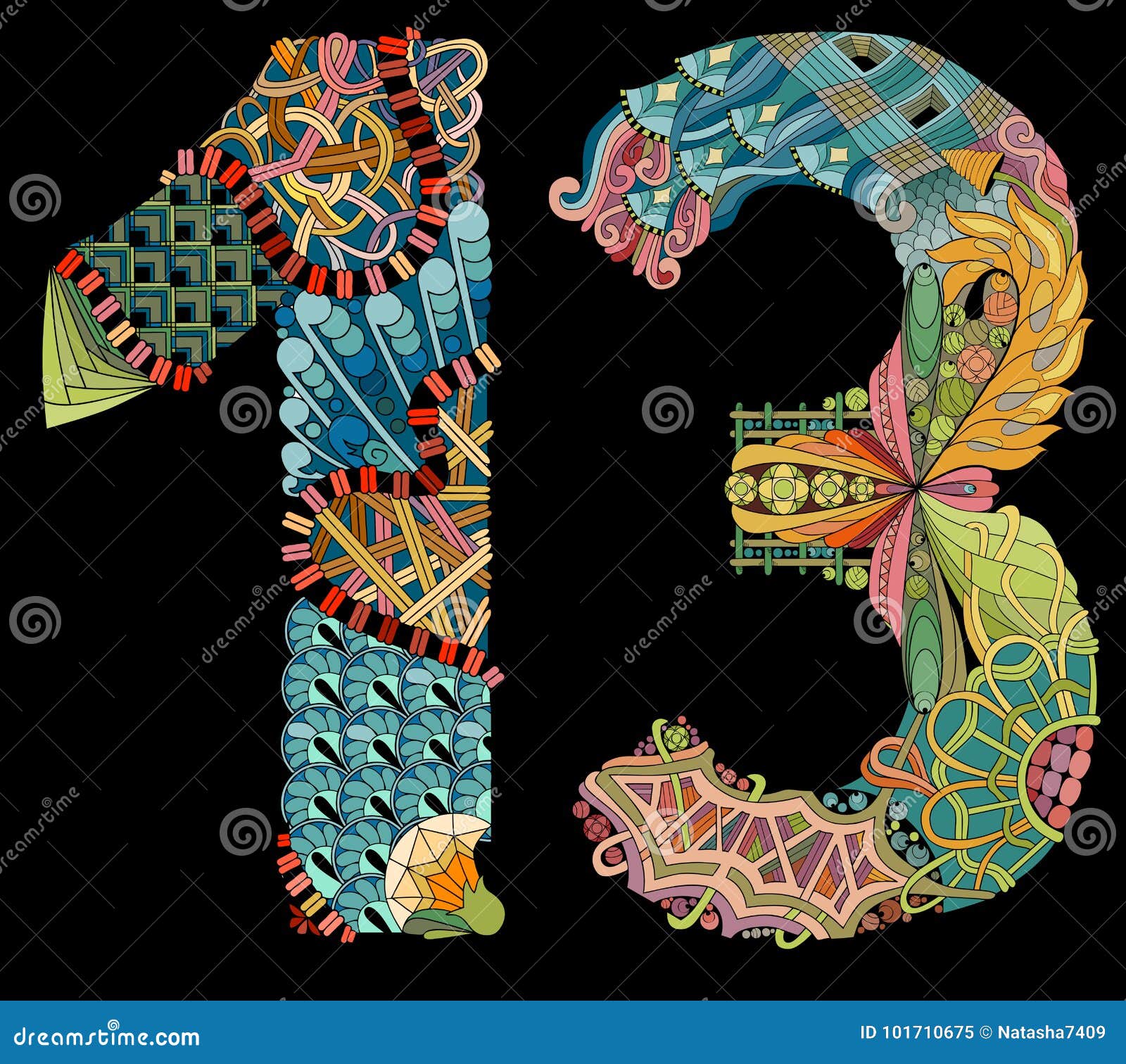 Number Thirteen Zentangle on a Black Background. Vector Decorative ...