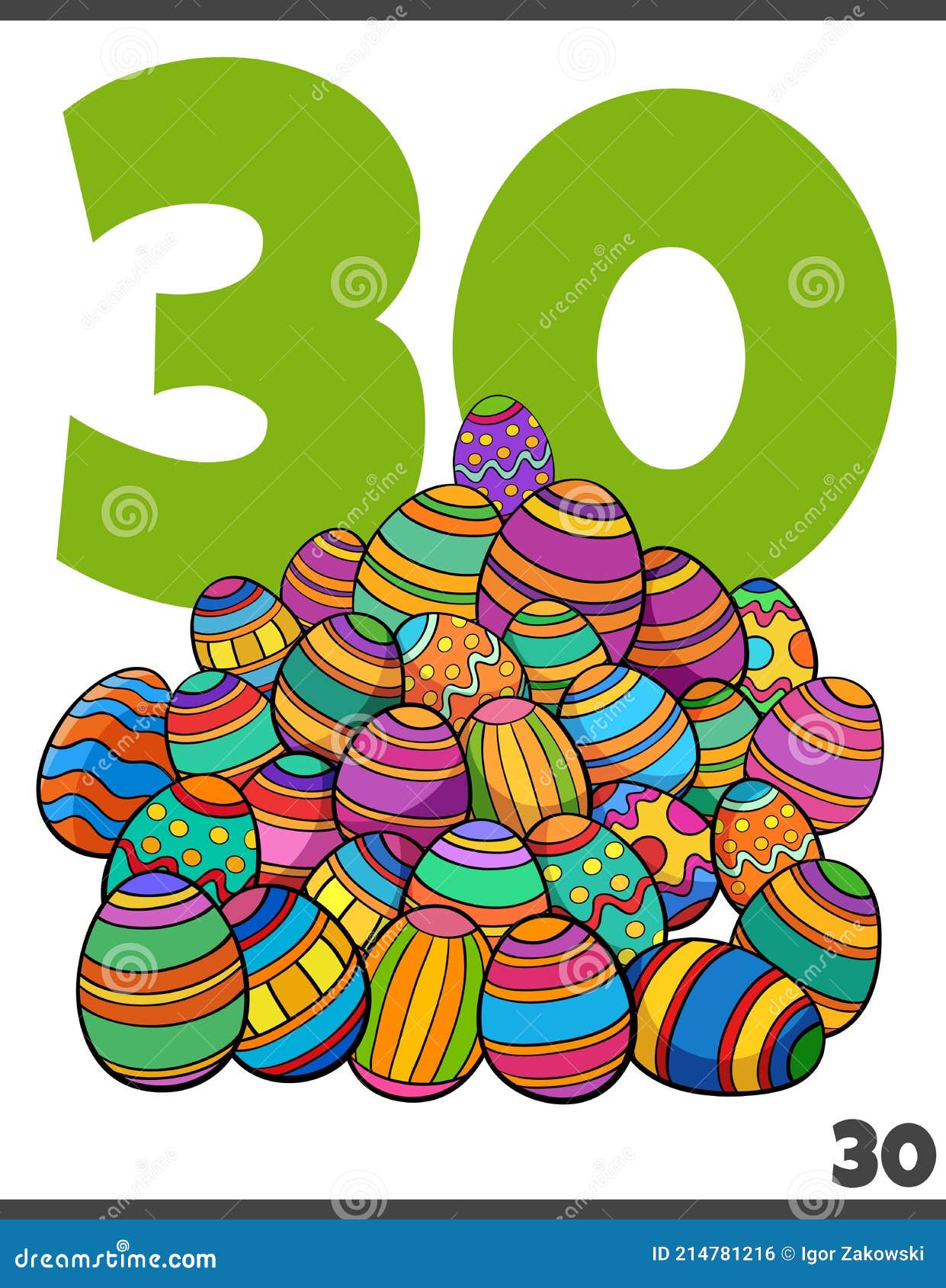 Number Thirty and Cartoon Easter Eggs Group Stock Vector - Illustration ...