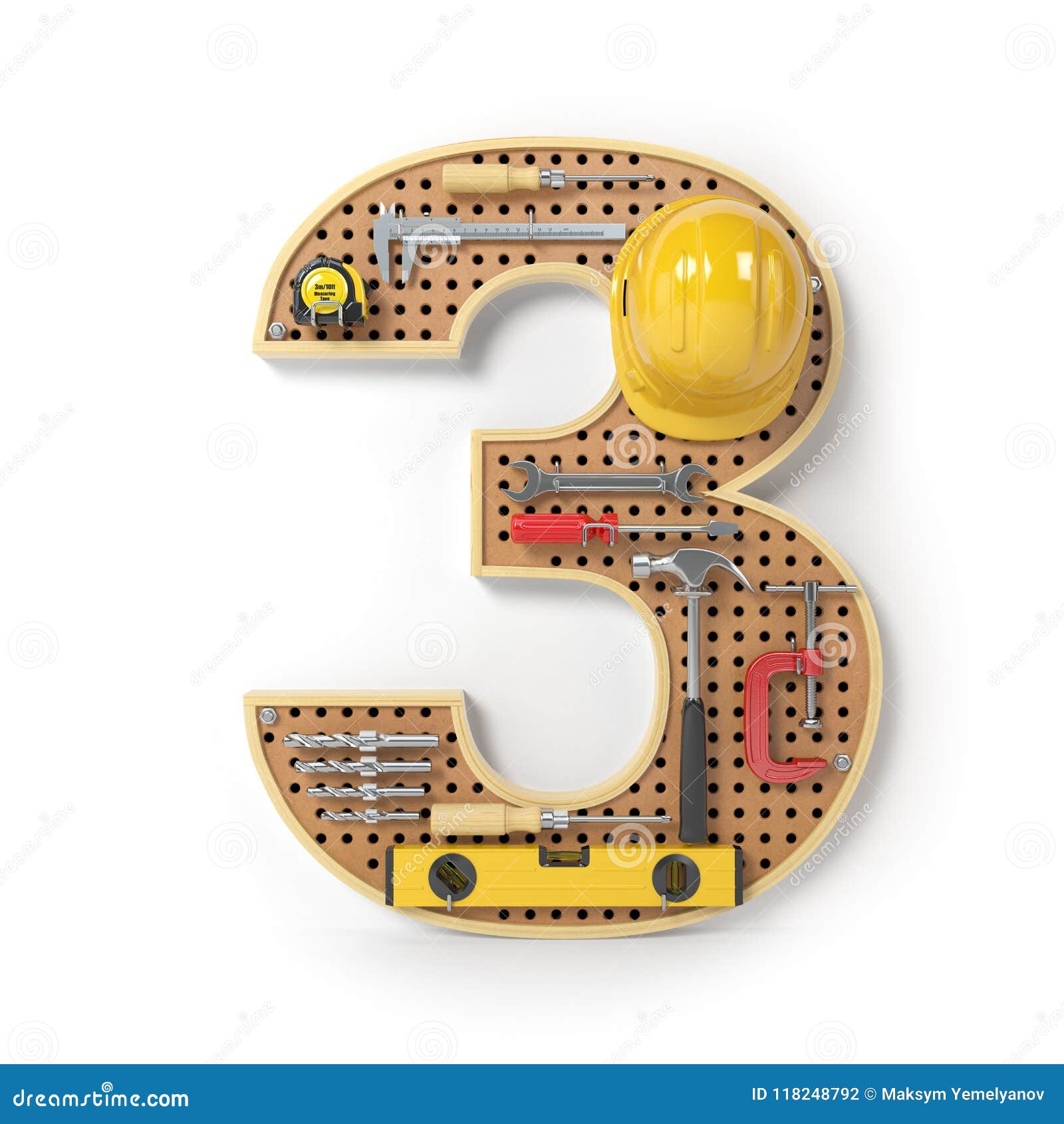 Number 3 Three. Alphabet from the Tools on the Metal Pegboard is Stock ...