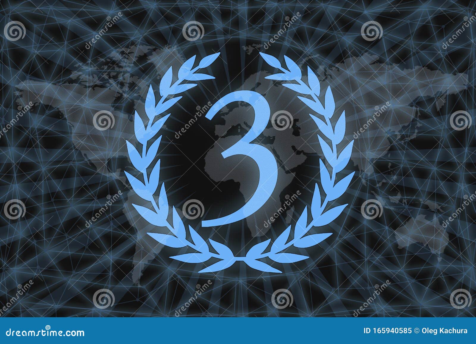 Number Three in a Laurel Wreath on a Dark Background with a World Map ...