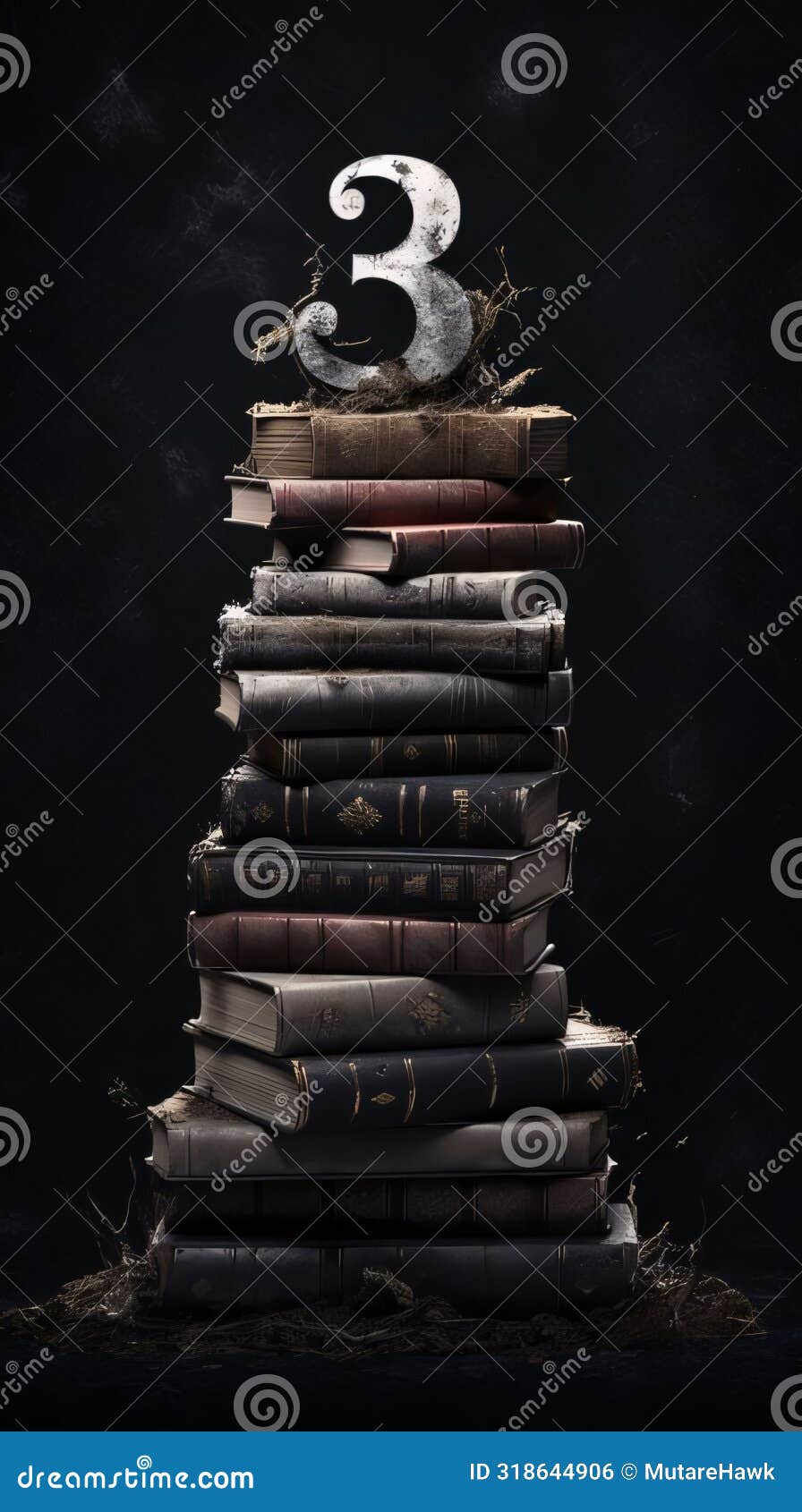 Number Three on a Stack of Old Books on a Black Background Stock ...