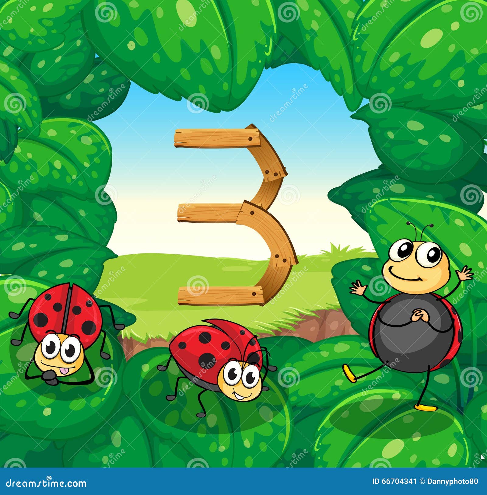 Number Three with Three Ladybugs Smiling Stock Vector - Illustration of ...