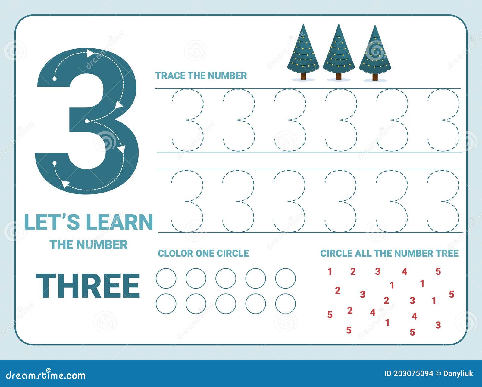 Number Three Tracing Practice Worksheet. Training Write and Count ...