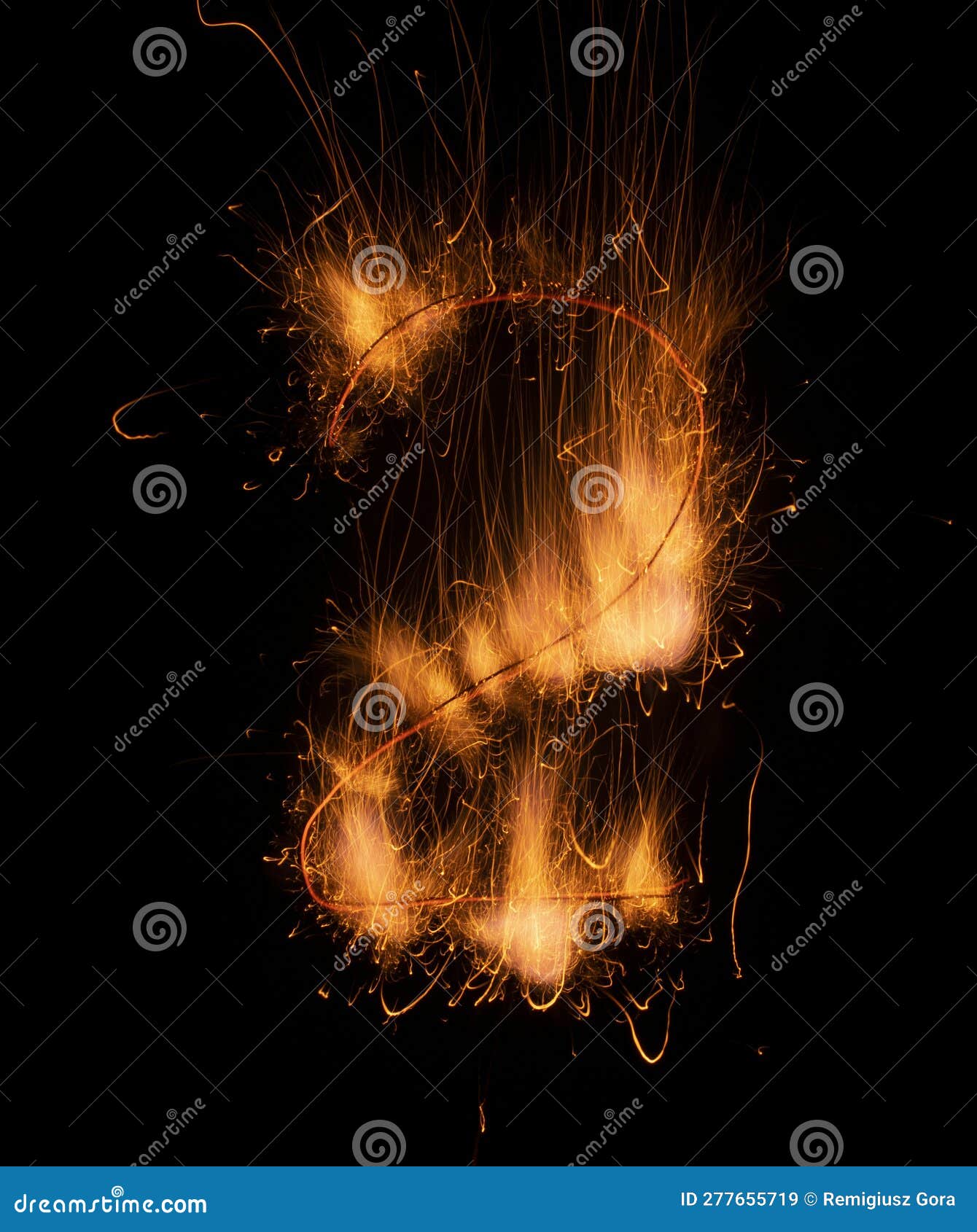 Number Two, Fire in Dark. Luminous Lines of Sparks. Explosion Black ...