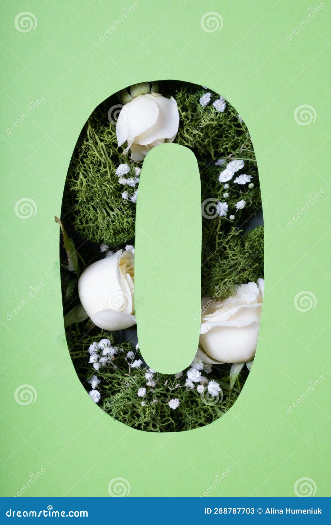 The Number 0 Zero is Cut Out of Paper with Flowers and Moss Inside ...