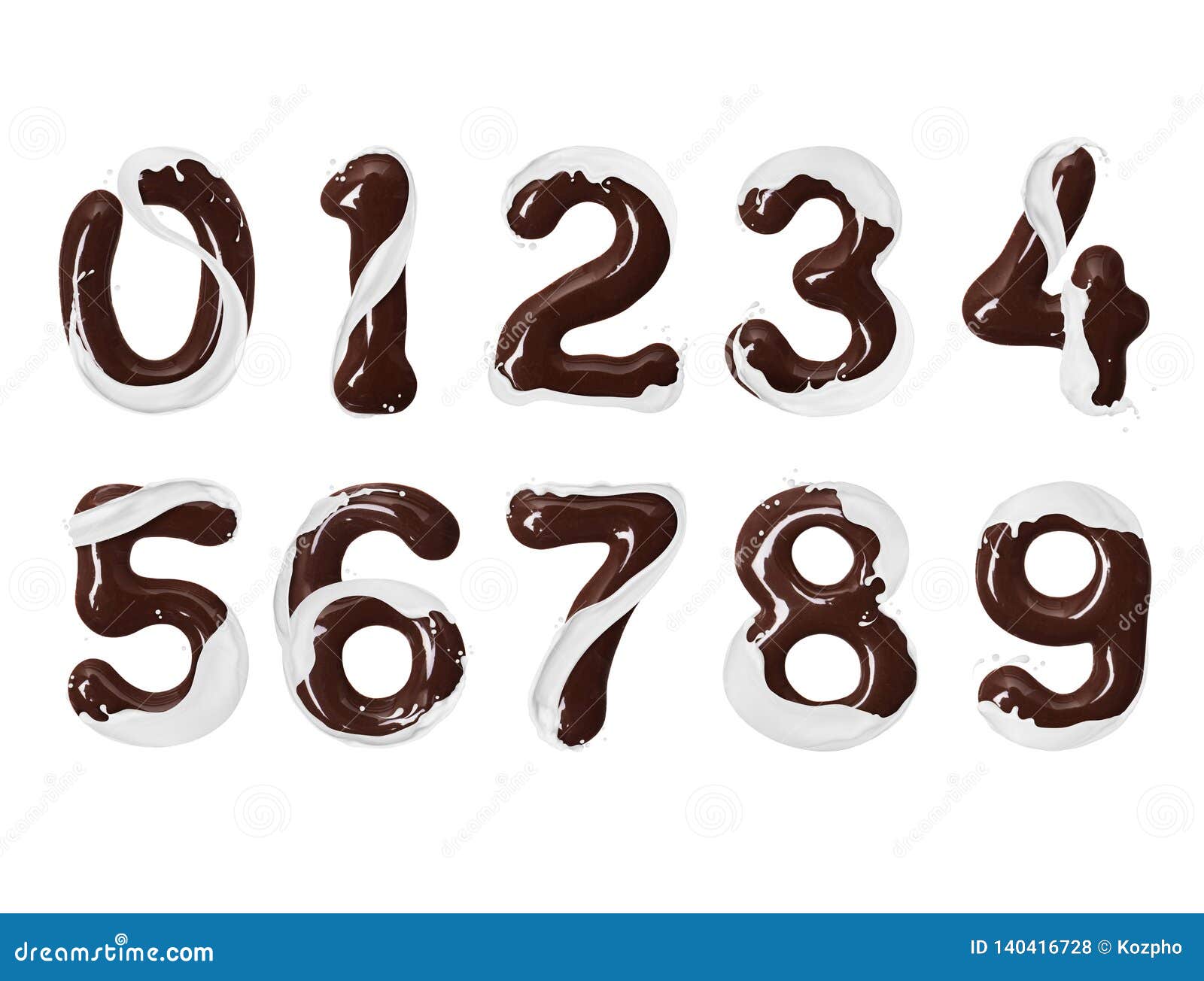 Numbers Made of Melted Chocolate with Milk Splashes, Isolated on White ...