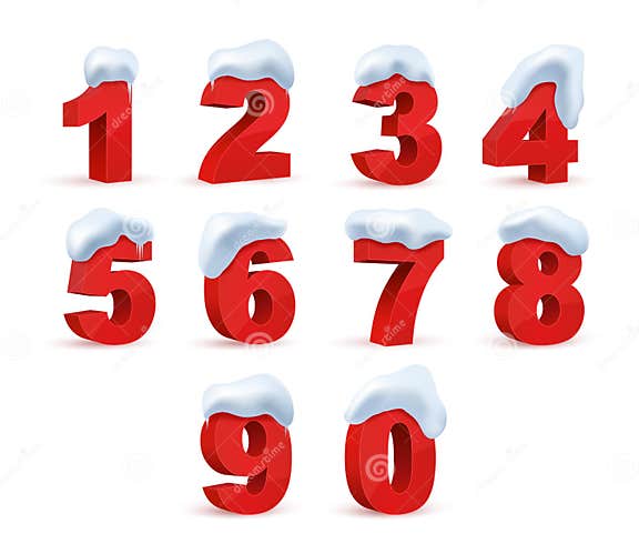 Numbers Red Set with Snow. Collection of Ten Red Numbers Under Snow. 3d ...