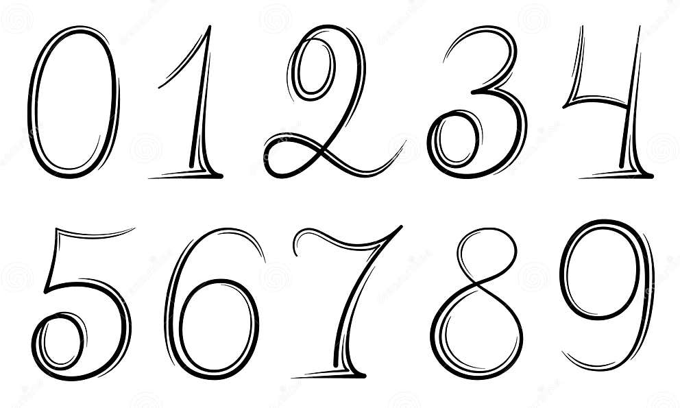 Numbers Set 0-9 in Hand Drawn Calligraphy Style in Black on a White ...