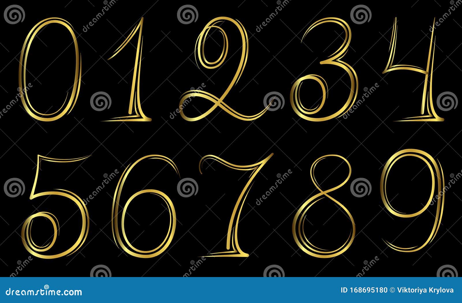 Numbers Set 0-9 in Hand Drawn Calligraphy Style in Gold on a Black ...