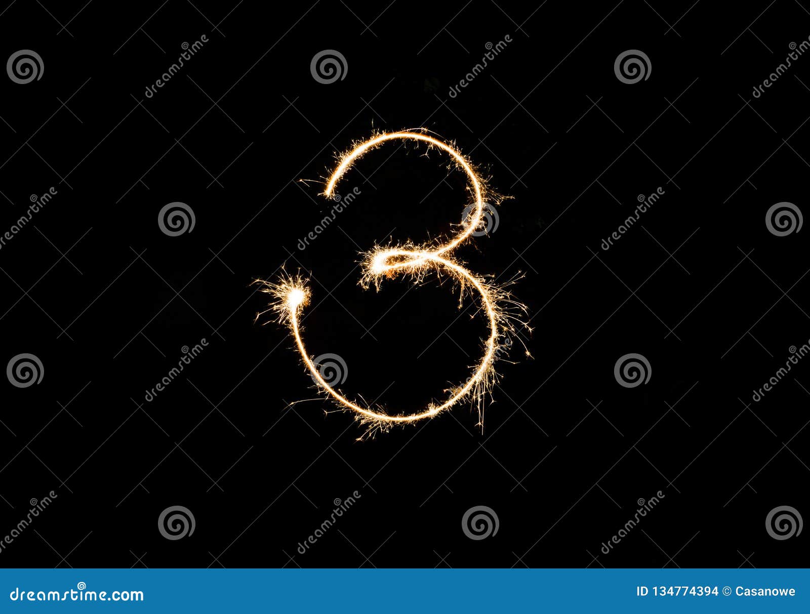 Numbers 3 or Three Sparkler Firework Light Isolated on Black Background ...
