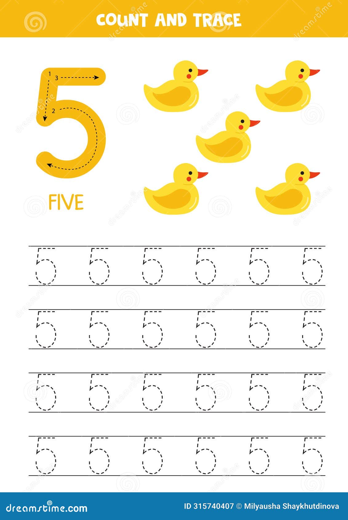 Numbers Tracing Practice. Writing Number Five. Cute Yellow Rubber Ducks ...
