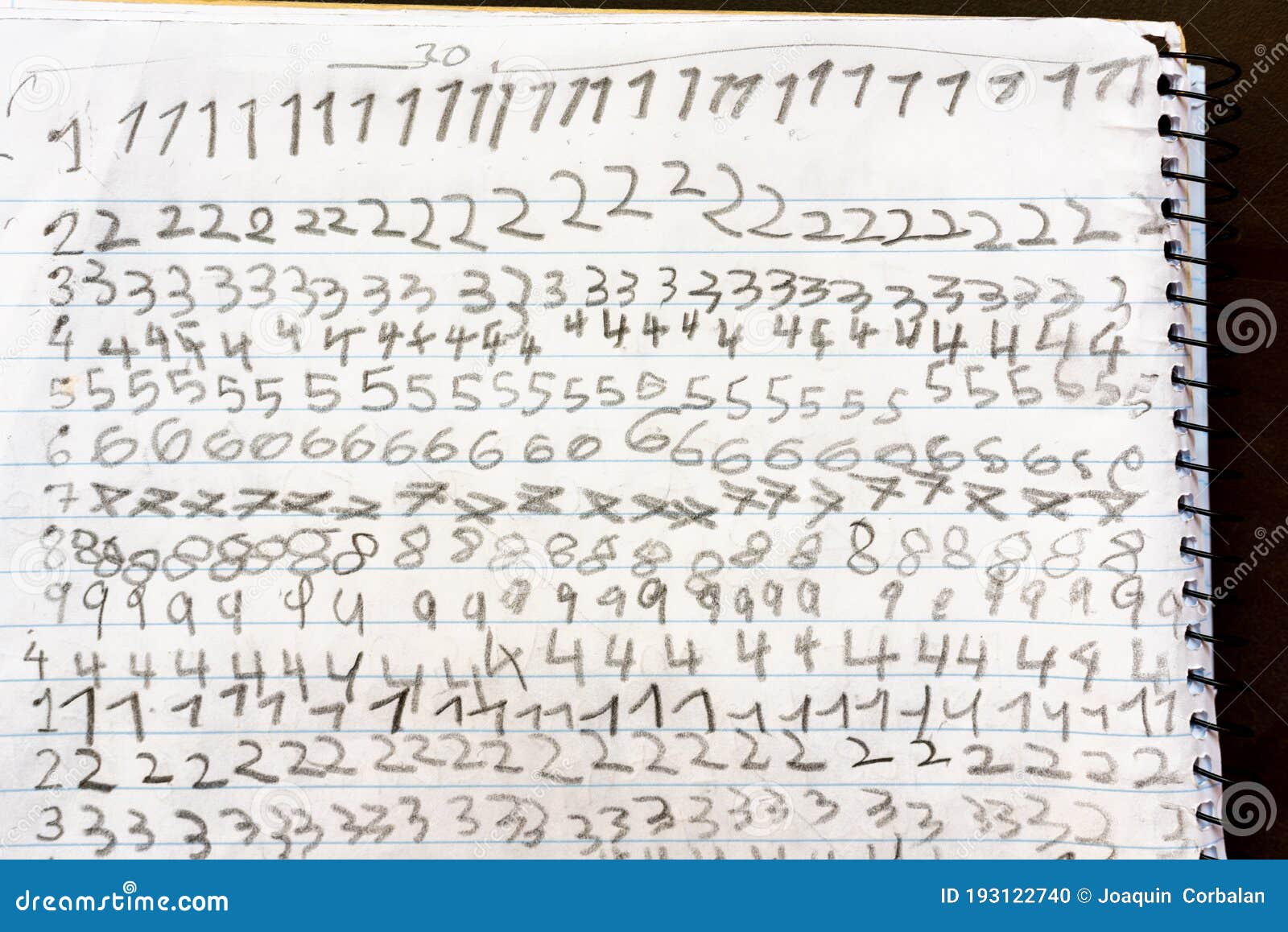 Numbers Written by a Child Repeated on the Sheet of Paper Notebook at ...