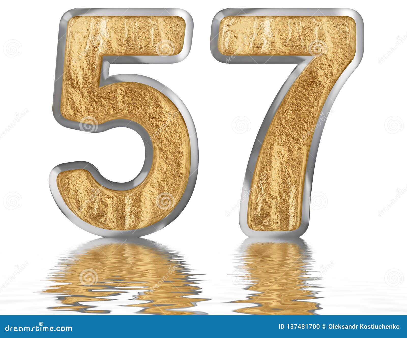 Numeral 57, Fifty Seven, Reflected on the Water Surface, Isolated on ...