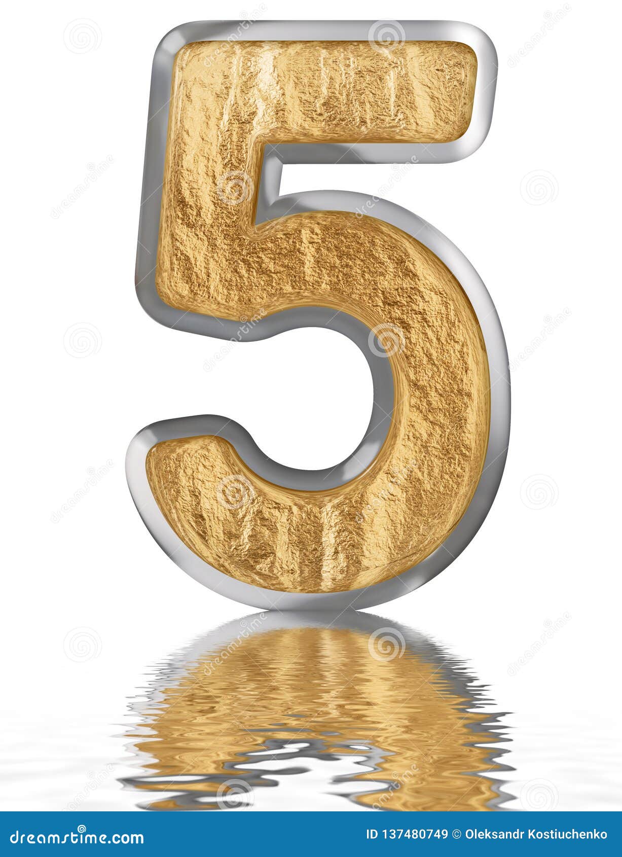 Numeral 5, Five, Reflected on the Water Surface, Isolated on White, 3d ...