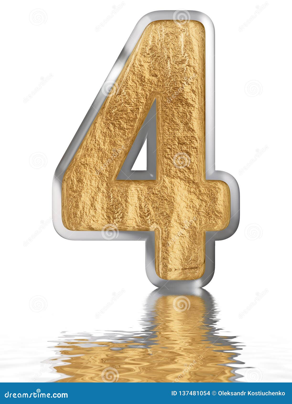 Numeral 4, Four, Reflected on the Water Surface, Isolated on White, 3d ...