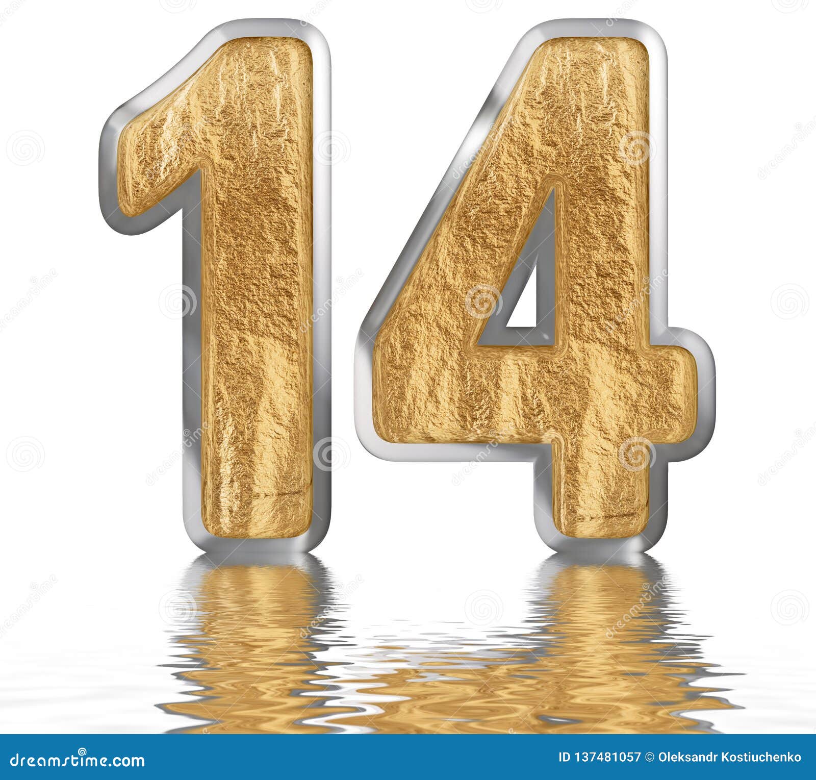 Numeral 14, Fourteen, Reflected on the Water Surface, Isolated on White ...