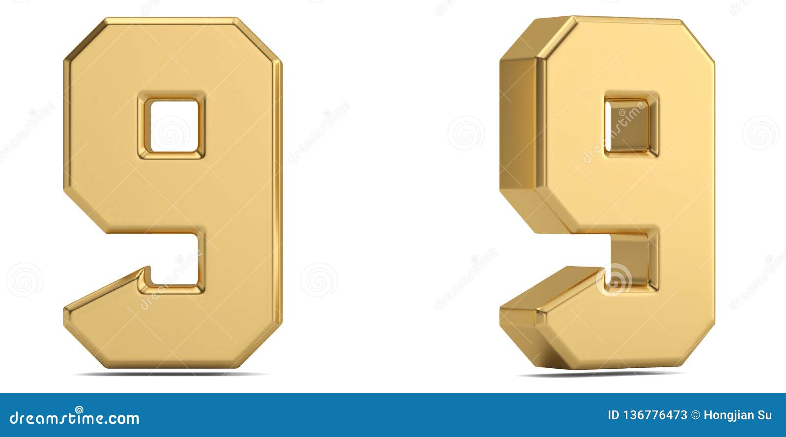 Numeral 9 from Gold Solid Alphabet Isolated on White Background. 3D ...