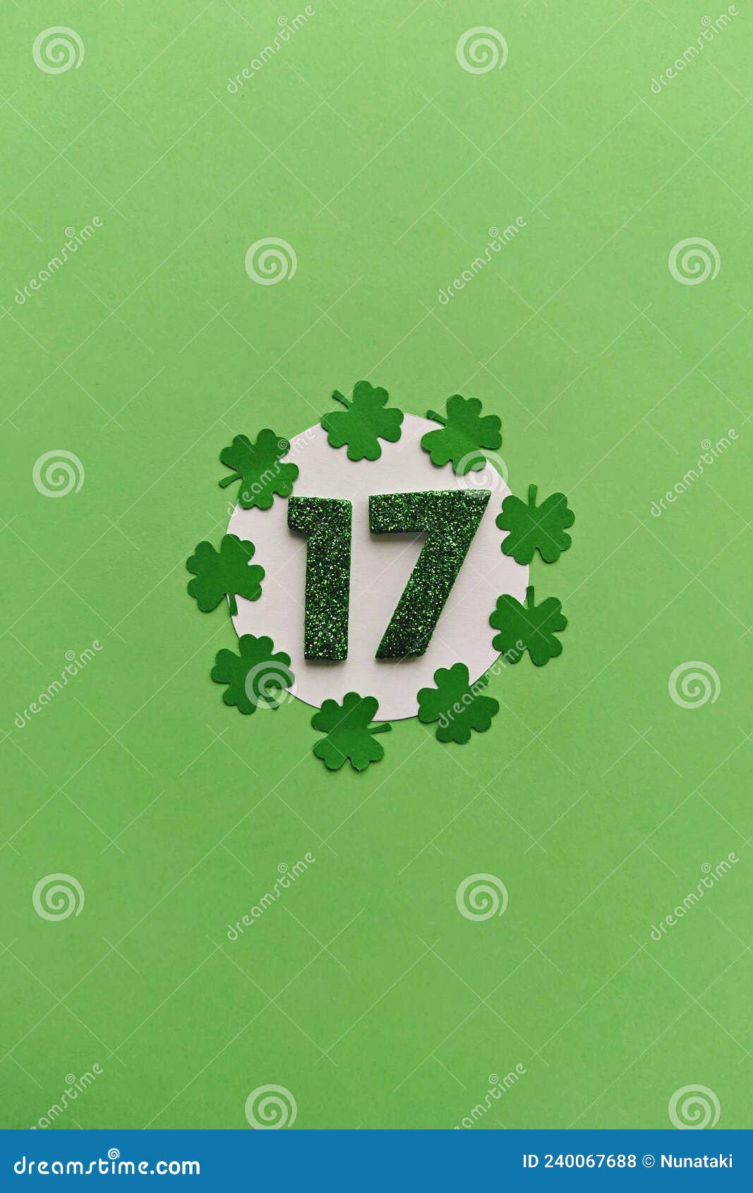 Numeral 17 on Green Background with Frame of Paper-cut Four-leaf Clover ...