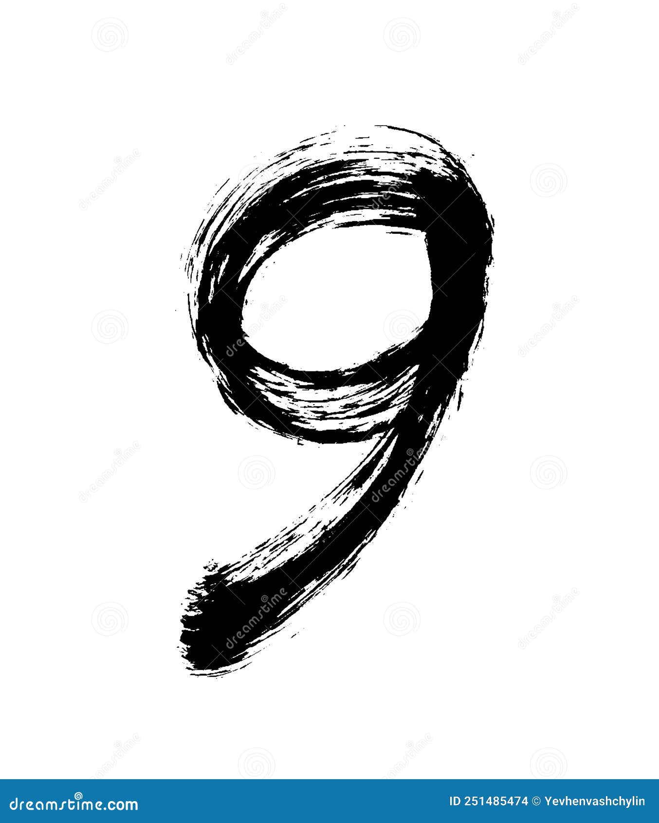 Numeral Nine Drawn with a Brush.Hand Drawn Vector Illustration. Stock ...