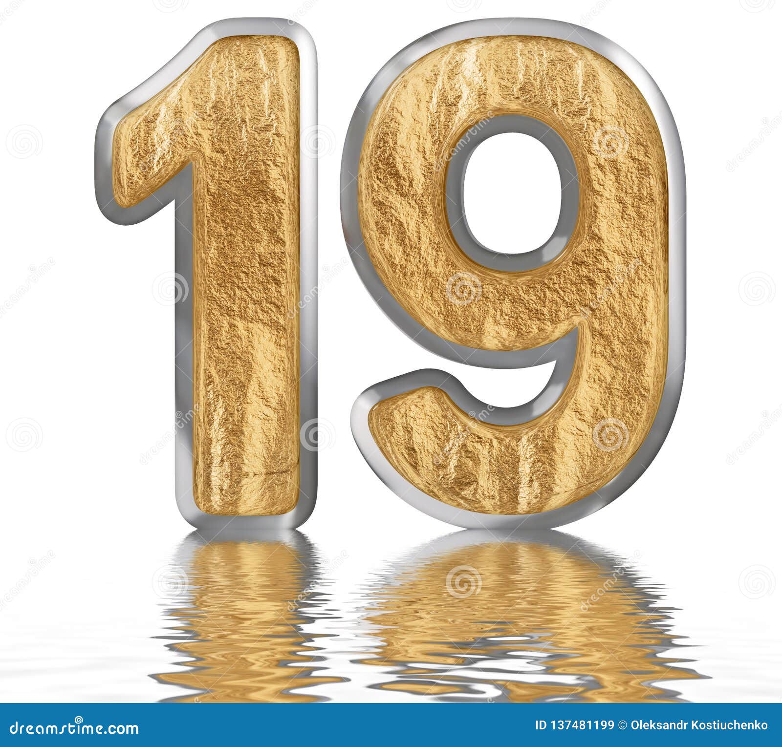 Numeral 19, Nineteen, Reflected on the Water Surface, Isolated on White ...