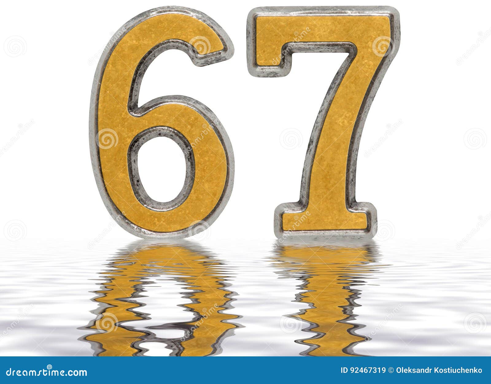 Numeral 67, Sixty Seven, Reflected on the Water Surface, Isolate Stock ...