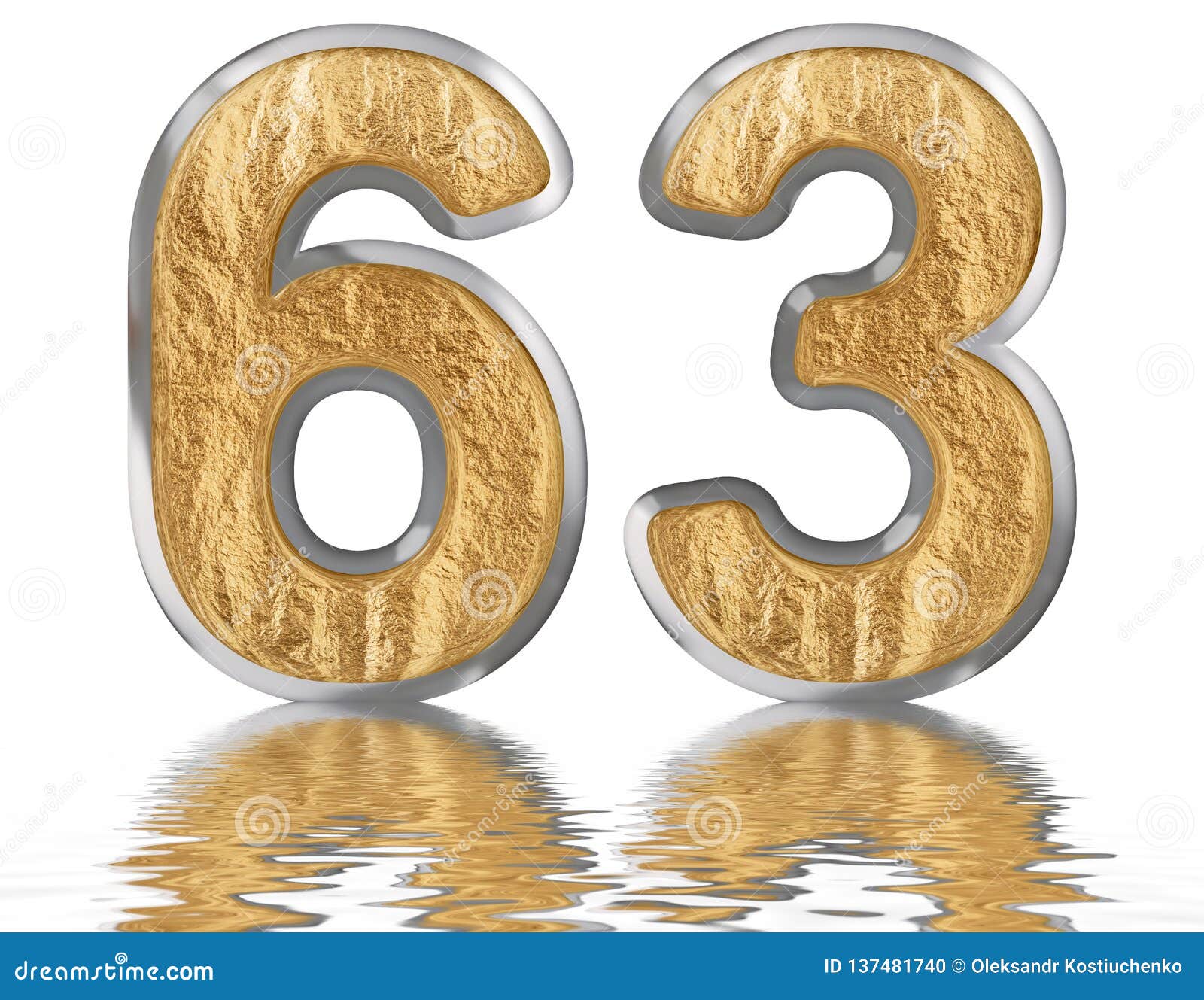 Numeral 63, Sixty Three, Reflected on the Water Surface, Isolated on ...