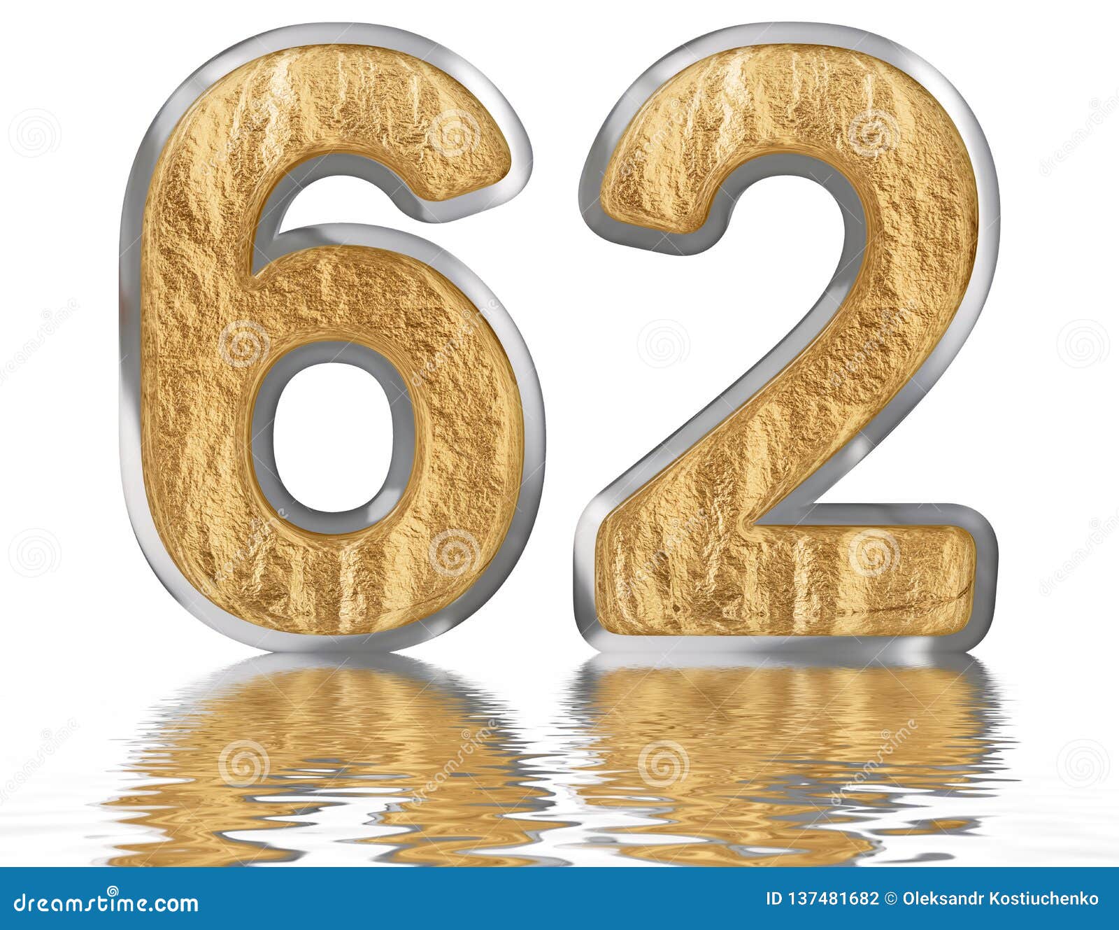 Numeral 62, Sixty Two, Reflected on the Water Surface, Isolated on ...