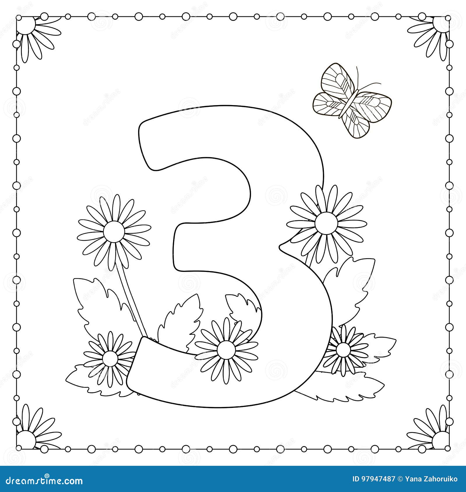 Numeral Three With Flowers, Leaves And Butterfly. Coloring Page Cartoon ...